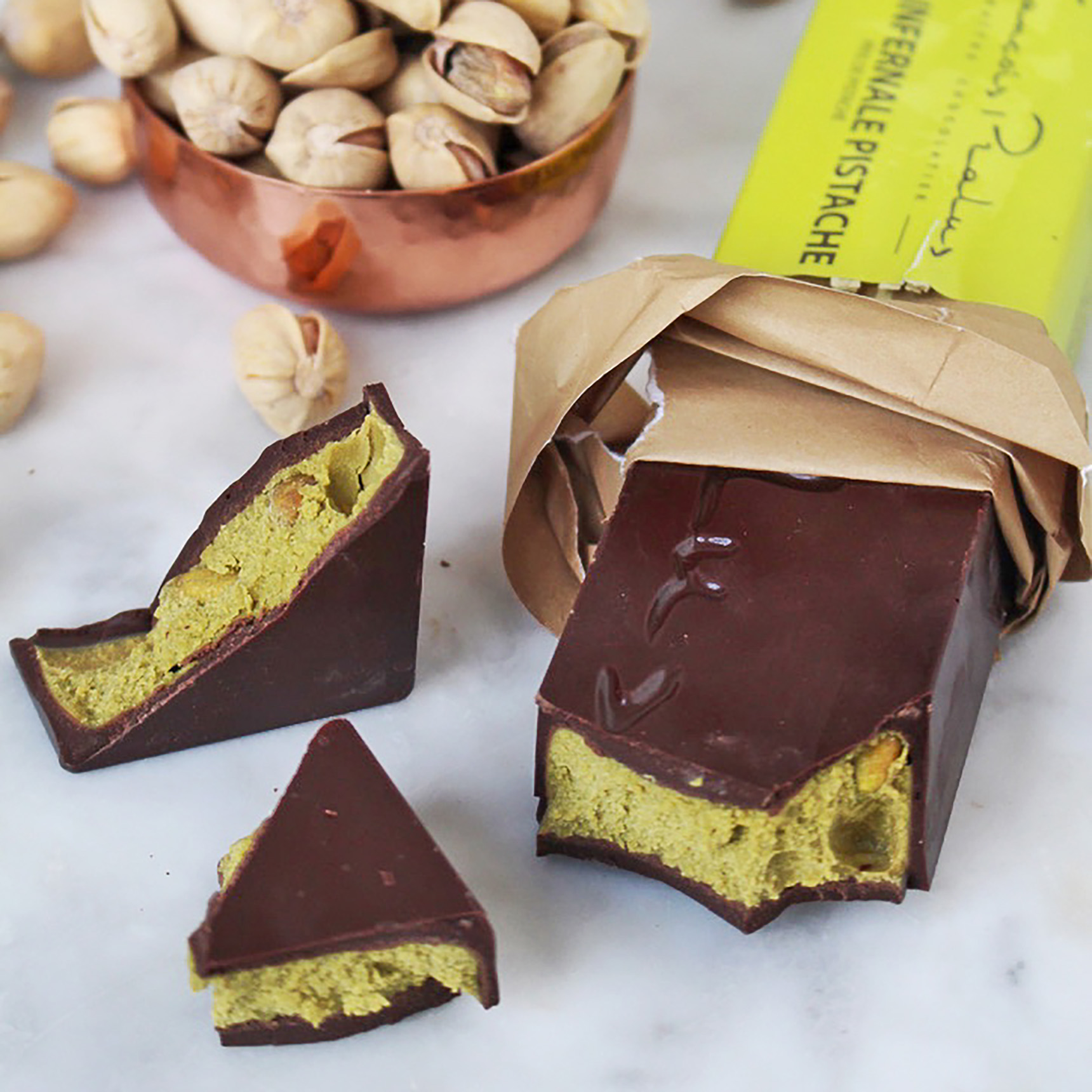 Pralus Chocolatier Pistachio Infernal Bar - a dark chocolate bar filled ...